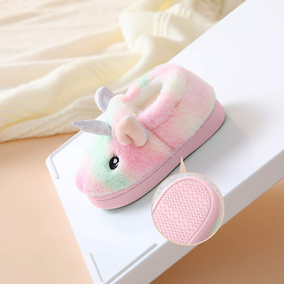 Ainikas Boys Girls Plush House Slippers Toddler Liitle Kids Warm Fluffy Fuzzy Slippers Nonslip Winter Slippers, Purple-01, 12-13 Little Kid