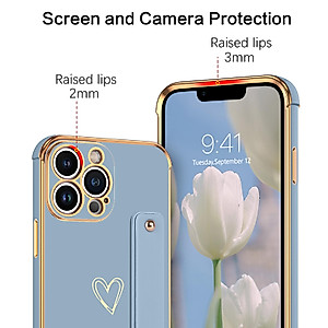 BENTOBEN for iPhone 13 Pro Max Phone Case, Cute Heart Adjustable Strap Wristband Kickstand Holder Shockproof Protective Soft TPU Luxury Plating Raised Trim Girls Women iPhone 13 Pro Max Case, Gray