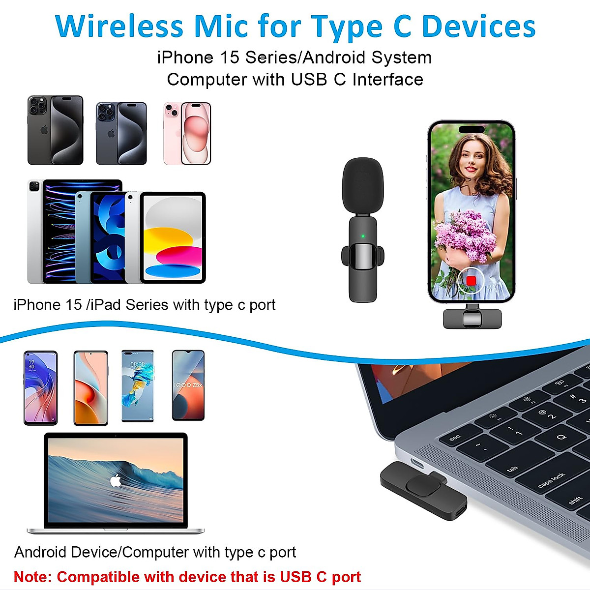 Wireless Lavalier Lapel Microphone for iPhone 15 Series/Android/Computer - Bluetooth Mini Phone Microphones for Video Recording - 2 Clip on Mics with USB C Interface for Tiktok YouTube Vlog