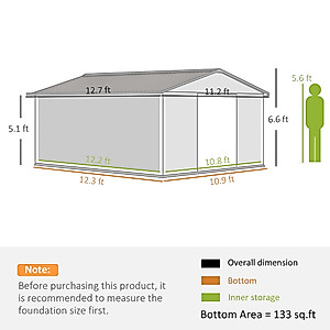 Outsunny 11' x 13' Outdoor Storage Shed, Garden Tool Metal Shed with Foundation Kit, Double Lockable Door, Air Vents and Sloping Roof, for Backyard, Patio, Lawn, Light Gray