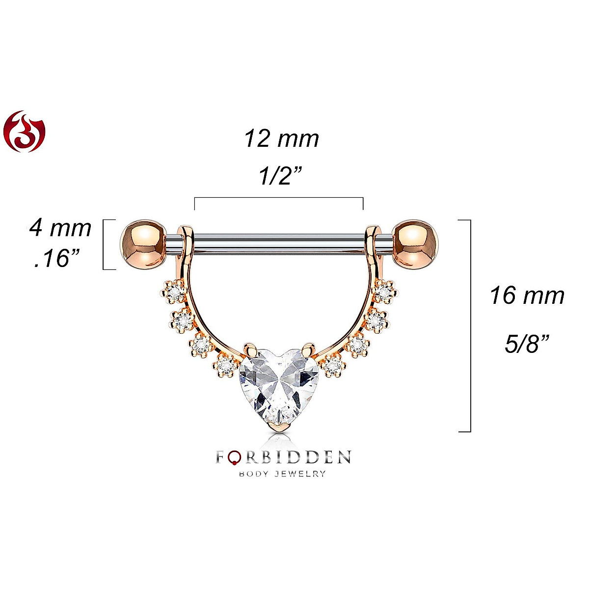 Forbidden Body Jewelry Pair of Surgical Steel 1/2 Inch D-Ring Style CZ Heart Dangle Nipple Barbells, Clear (Rose Gold Tone)