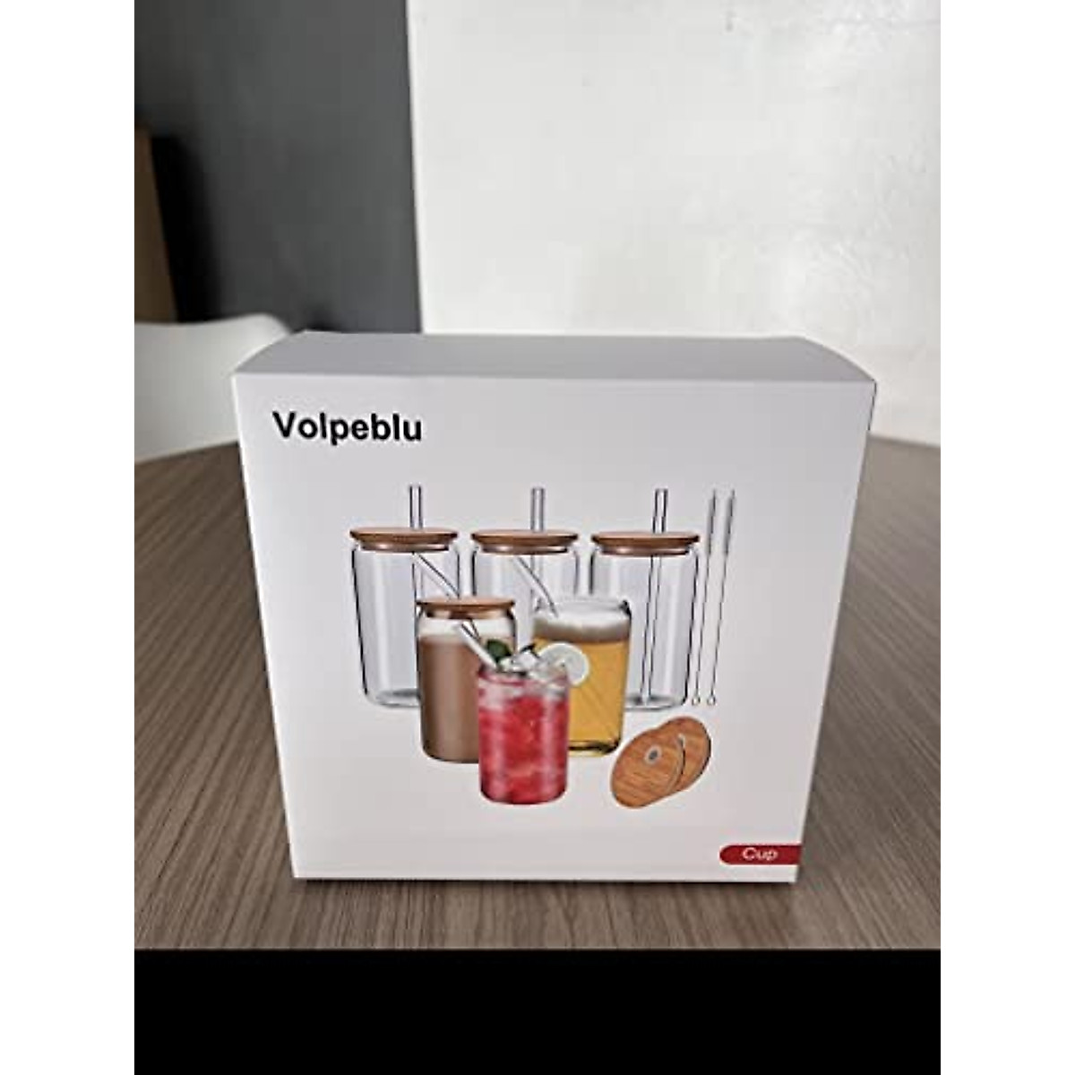 Volpeblu 6 Pack Glass Cups with Lids and Straws, 16 oz Iced Coffee Cup Glass Coffee Cups Drinking Glasses with Bamboo Lids & Glass Straw Beer Drinking Glasses Cute Tumbler for Cocktail, Soda, Water