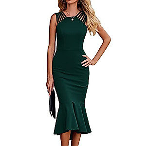 PRETTYGARDEN Women's Elegant Midi Bodycon Dress Sleeveless Backless Ruffle Hem Mermaid Formal Cocktail Wedding Guest Dresses (Dark Green,Small)