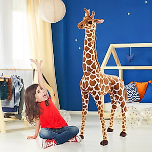 BRINJOY Giant Giraffe Stuffed Animal Set, 47 Inch Large Plush Giraffe Toy with Bird&Basket&Leaves&Card, Big Lifelike Standing Giraffe for Girls Boys