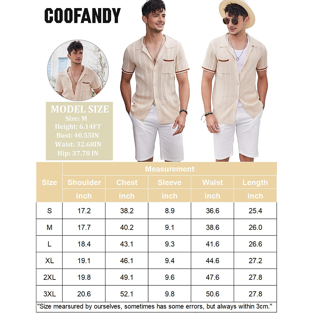 COOFANDY Beach Button Up Shirts for Men Knitted Collar Short Sleeve Polo Shirt Summer Vacation Cream