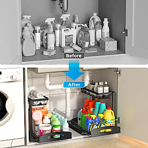 Fkprorjv Under Sink Organizers and Storage, 2 Pack Kitchen Bathroom Sink Organizer with Hooks, 2 Tier Under Sink Cabinet Basket Storage Shelf with Sliding Drawers, Black