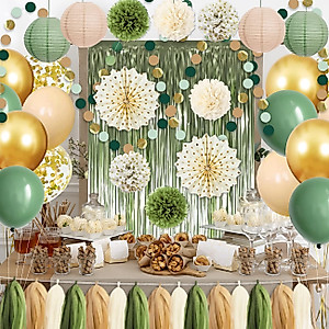 Sage Green Gold Party Decorations, 45Pcs Kit Balloons Paper Pompoms Tassel Garland Fringe Curtain for Wedding Bachelorette Baby Shower Birthday Party