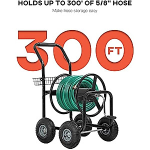 Garden Hose Reel Cart with Wheels for Outdoor Holds 300-Feet of 5/8-Inch Hose Yard Water Planting Truck w/Storage Basket, Heavy Duty Metal Garden Lawn Water Truck 4 Wheels, Black