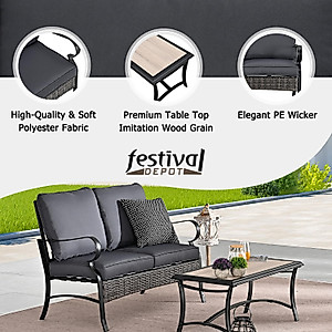 Festival Depot PE Wicker Patio Bistro Set, 2 Pieces Outdoor Furniture, Conversation Sofa Loveseat Armchairs & Coffee Table with Removable Cushion All Weather Casual Craft Cozy Small Chair Set