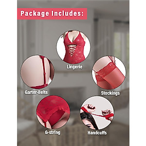 Anyou Lingerie for Womens Lingerie Lace Teddy Plus Size Lingeire Bodysuit Chemise Nightwear with Stockings Size Large Red