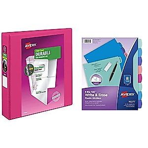Avery Durable View 3 Ring Binder, 1-1/2 Inch Slant Rings, 1 Pink Binder (17833) & Durable Plastic 8-Tab Write & Erase Big Tab Dividers for 3 Ring Binders, Pastel Brights (16271)