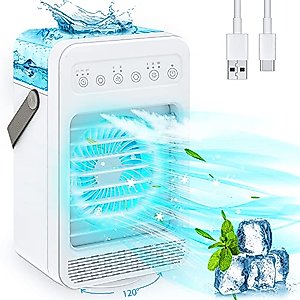 Portable Air Conditioner, Personal Air Cooler Mini with 2 Mists 4 Speeds, 120°Auto Oscillation, 600ML Tank, 2/4/6H Timer, 7 Colors Light, Evaporative Air Cooler Fan for Room Office Bedroom Camping