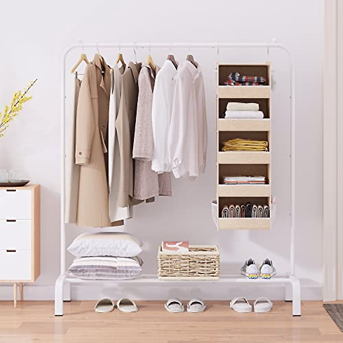 JIUYOTREE Metal Clothing Rack with Hanging Closet Organizer, 43.3 Inches Clothes Garment Coat Rack with Bottom Shelf, Clothing Rack for Hanging Clothes, Coats, Skirts, Shirts, Sweaters, White