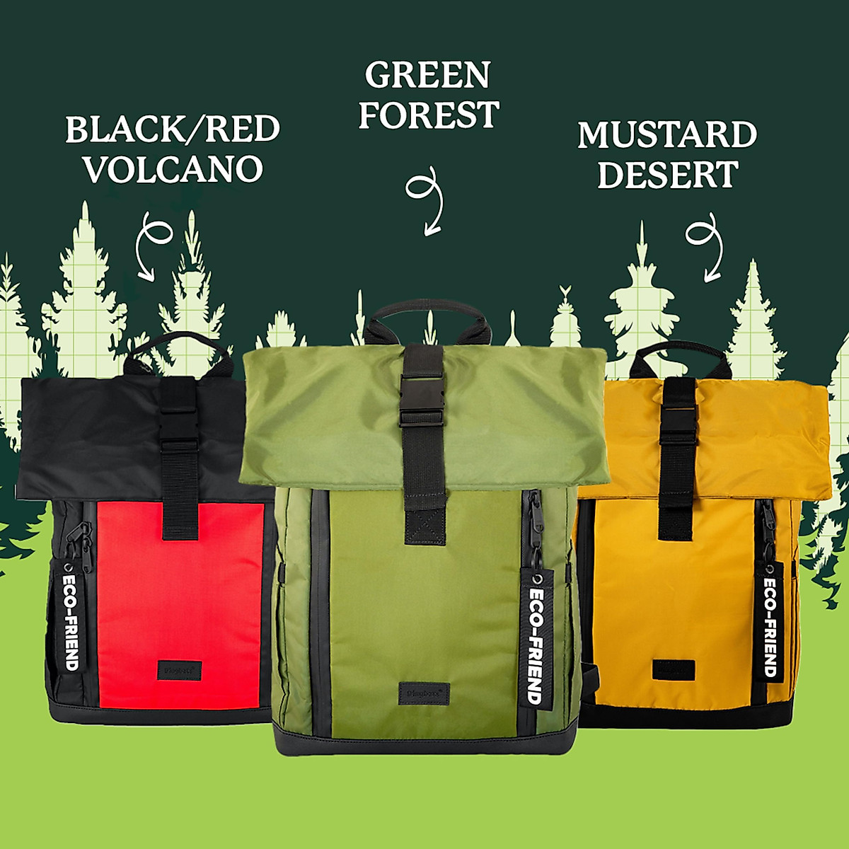 Dingbats* - Roll Top Backpack - 25L Rucksack - Made from Recycled PET Bottles, Padded Shoulder Straps, Metal Buckles - Ideal Laptop Backpack, Fits 15" Laptop - Durable, Aesthetic - Volcano