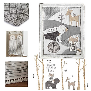 Levtex Baby - Bailey Crib Bed Set - Baby Nursery Set - Charcoal, Taupe, White - Neutral Forest Theme - 5 Piece Set Includes Quilt, Fitted Sheet, Diaper Stacker, Wall Decal & Skirt/Dust Ruffle