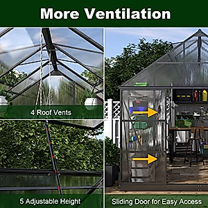 AMERLIFE 12x10x10 FT Polycarbonate Greenhouse 2 Sliding Doors 4 Vents Walk-in Premium Professional Greenhouse Storage Shed Sunroom Aluminum Large Hot House for Outdoor Garden Backyard Matte Black