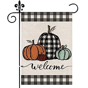 Mloabuc Fall Pumpkins Garden Flag Autumn Welcome Thanksgiving Buffalo Check Fall Yard Flag Farmhouse Double Sided Lattice Vertical Outdoor Decor 12 x 18 In