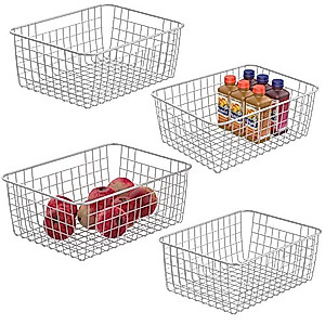 Wire Storage Baskets, iSPECLE 4 Pack Large Metal Wire Baskets Pantry Organization and Storage with Handles, Freezer Organizer Bins for Pantry Kitchen Shelf Laundry Cabinets Garage, White