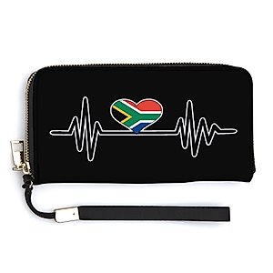 South Africa Heart Beat Women’s Long Wallet PU Clutch Purse with Wristlet Strap Zipper Mini Handbag