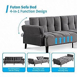 Mjkone Modern Futon Sofa Bed, Velvet Loveseat Sleeper Sofa Bed with Adjustable Backrest, Futon Couches for Living Room, Folding Bed Futons with Adjustable Armrests - Light Gray