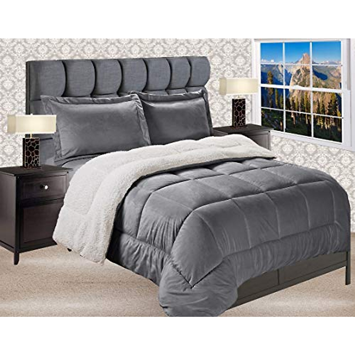 Elegant Comfort Premium Quality Heavy Weight Micromink Sherpa-Backing Reversible Down Alternative Micro-Suede 3-Piece Comforter Set, King, Grey