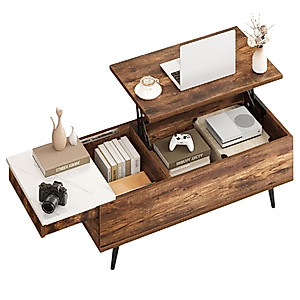 Rustic Oak Lift Top Coffee Table with Hidden Compartment - Mid-Century Modern Design, Adjustable Height Table