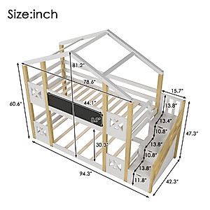 Harper & Bright Designs Twin Over Twin Floor Bunk Bed with Stairs, Wood House Bunk Bed Frame with Storage Staircase and Blackboards, for Kids Girls Boys, White and Natural
