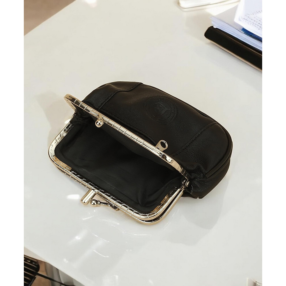 Women's Leather Metal Frame Double Clasp Zipper Coin Purse 5 1/4" x 3 1/4" (Black)