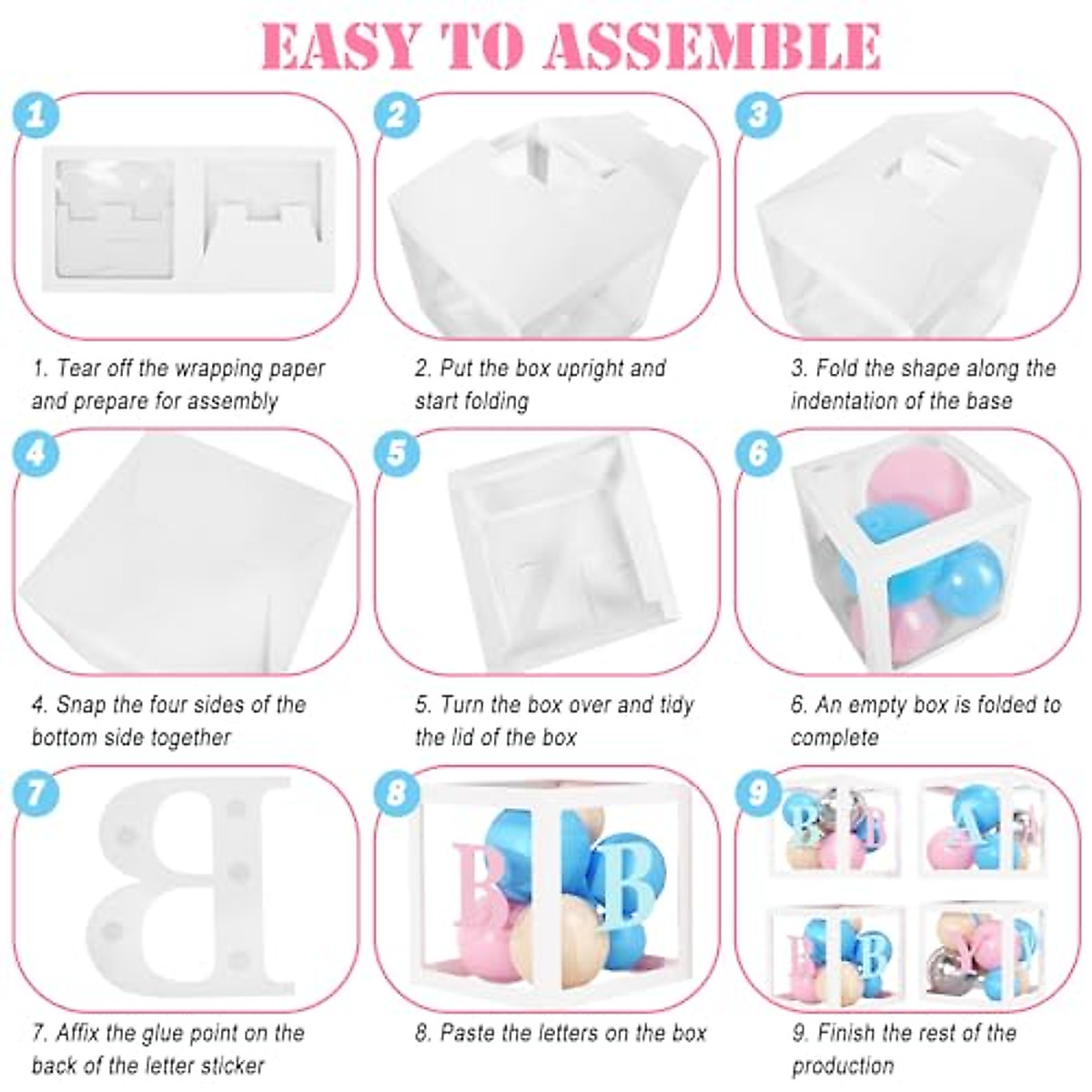 Amandir 164PCS Baby Boxes Gender Reveal Balloon Decorations, Pink and Blue Balloon Garland Kit 4pcs Baby Boxes with Letters (A-Z+Baby) for Baby Shower Birthday Boy or Girl Gender Reveal Party Supplies