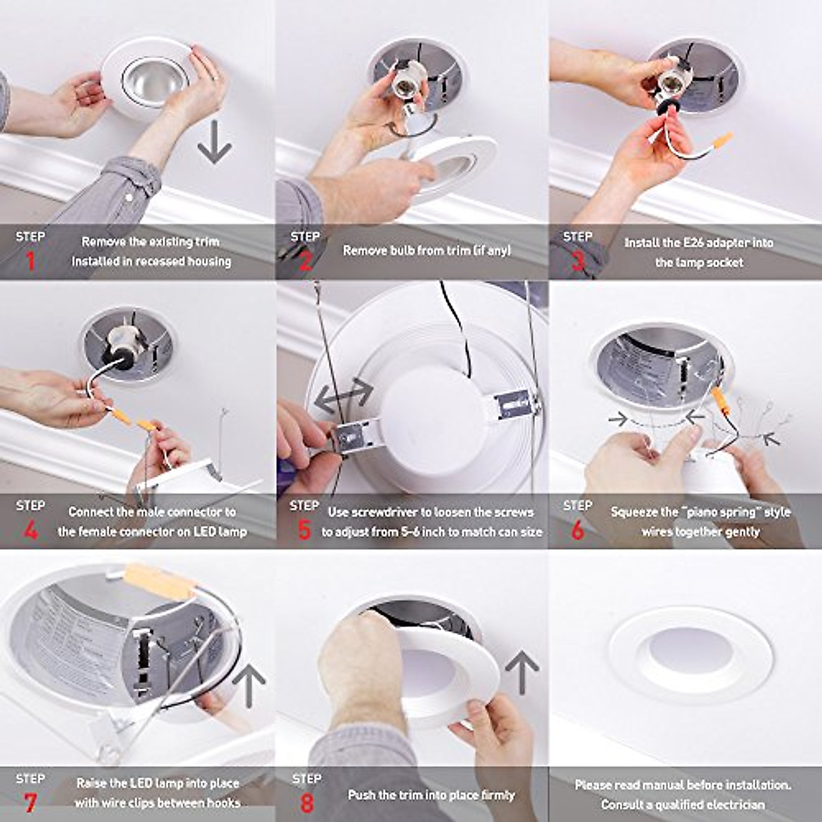 5"/6" LED Integrated Retrofit Recessed Lighting Kit, 11 Watts, Energy Star, Dimmable, Damp Rated, Ridged Baffle, White Finish,91148