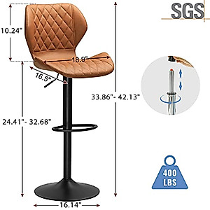 DICTAC Leather Bar Stools Set of 2 Brown Adjustable Bar Stools, Breakfast Bar Stools Counter Height Swivel Bar Chairs for Kitchens Island, 400lbs Capacity