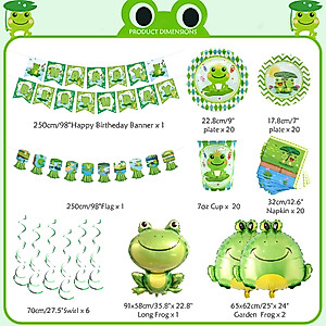 Frog birthday Party Decoration, Frog Party Supplies Tableware Includes Paper Plates, Balloons and HAPPY BIRTHDAY Banner for Green Frog Camping Baby Shower Kids Birthday Dinnerware Party, Serves 20