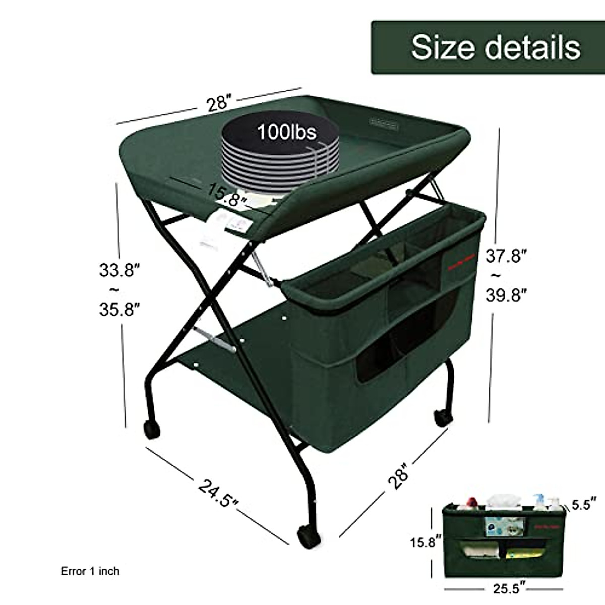 Portable Baby Changing Table, Diaper Changing Table Dresser Changing Station for Infant, Diaper Changing Table Pad, Mobile Nursery Organizer for Newborn -Green…