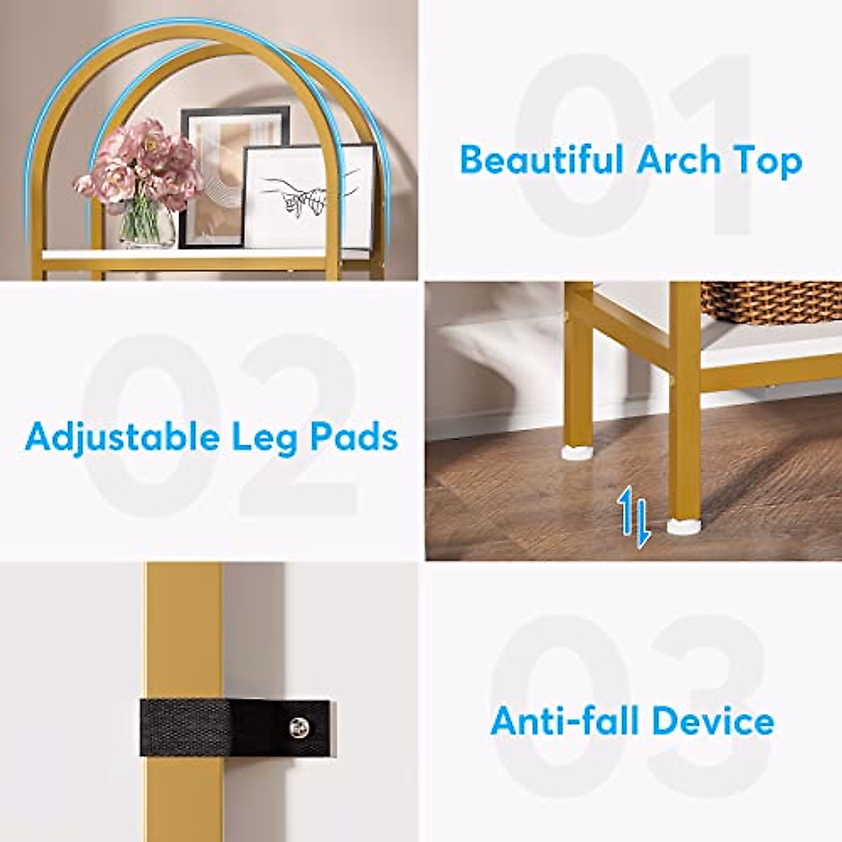 LITTLE TREE 4-Tier Arched Bookshelf, Tall Open Bookcase Storage Shelves, Wood Metal Freestanding Display Rack Tall Shelving Unit for Home Office, Bedroom, Living Room, White & Gold