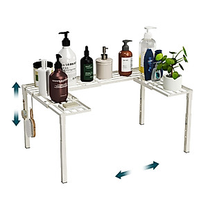 TEMSTE Expandable Under Sink Organizers and Storage,Bathroom Under the Sink Organizer Kitchen, Under Sink Shelf with 2 Removable Hooks, Undersink Organizers with EXPANDABLE HEIGHT DEPTH & WIDTH, White