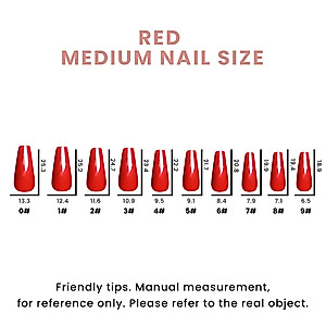 Allkem Press On Nails - Red Glossy Medium Long Tapered Ballerina | 10 sizes - 20 pcs Coffin Nail Kit with Glue