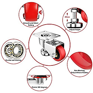 Homhoo 2" Leveling Plate Caster Wheels with Adjustable Anti-Vibration Leveling Foot Pad Heavy Duty Swivel casters for Workbench, Machine Equipment, Furniture Red Set of 4 Total Capacity 1100 Lbs