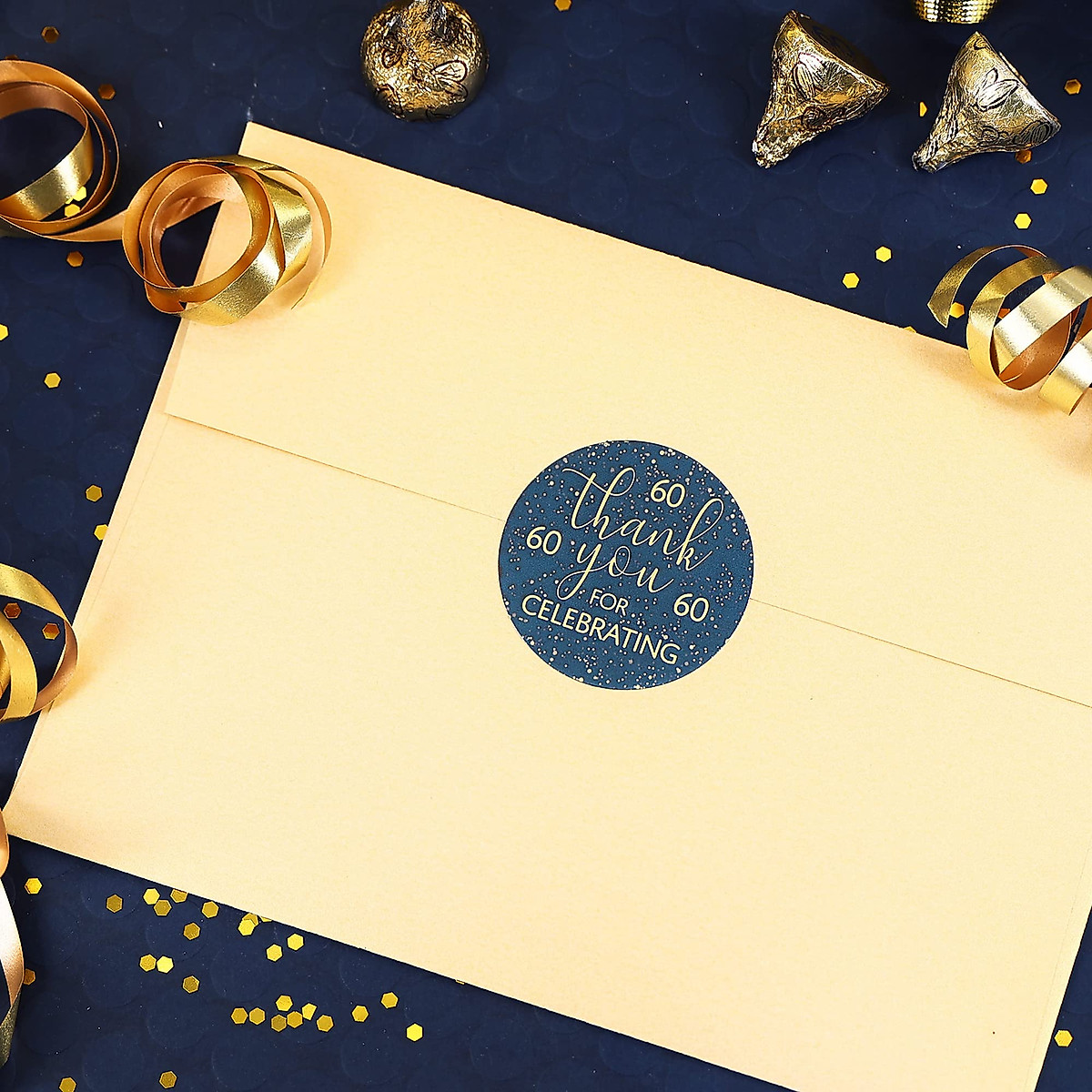 Navy Blue and Gold Birthday Favor Stickers - Gold Bday Thank You Labels, Envelope Seals, Candy Stickers - 1.75 in. - 40 ct - Adult Birthday Party Supplies (60th Birthday)