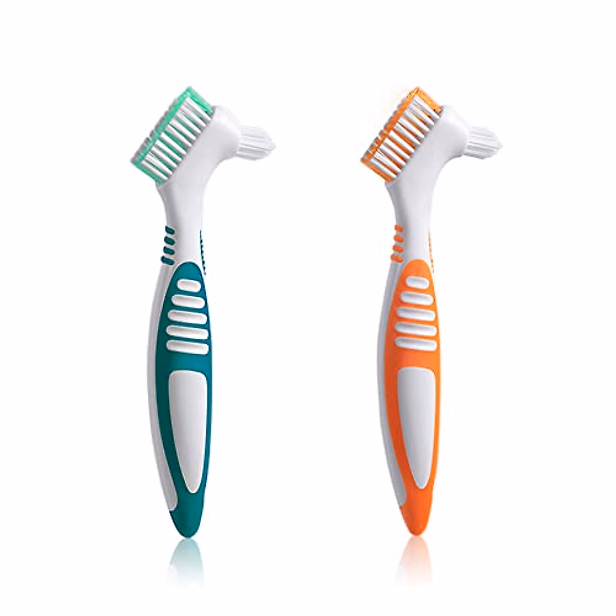 Octuitey Denture Brush 2Pcs Denture Toothbrushes，Denture Cleaning Care Cleaning Brush ，Double Sided Toothbrush，Multi-Layered Bristles and Rubber Anti-Slip Handle (Green and Orange)