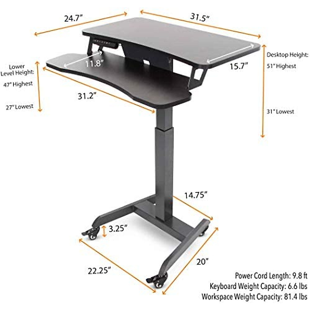 Stand Steady Cruizer Premier Rolling Electric Podium Desk - Height Adjustable, Mobile Standing Desk with Wheels, Keyboard Tray, Programmable Control, Compact Design for Office, School, Home (Black)