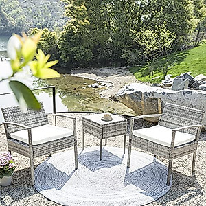 IJIALIFE 3 Pieces Patio Furniture Set, Indoor/Outdoor Patio Rattan Wicker Conversation Bistro Set for Garden Balcony Backyard Porch Lawn, Grey Rattan & White Cushion