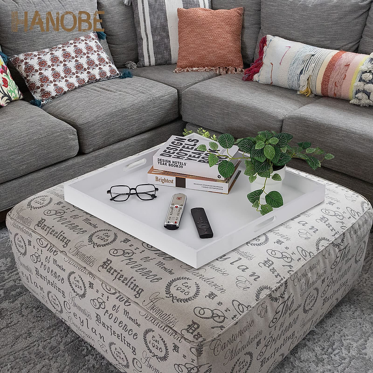 Hanobe Square Large Ottoman Tray: Modern Extra Large Black Serving Decorative Trays with Cutout Handles for Living Room Coffee Table Home, 20"