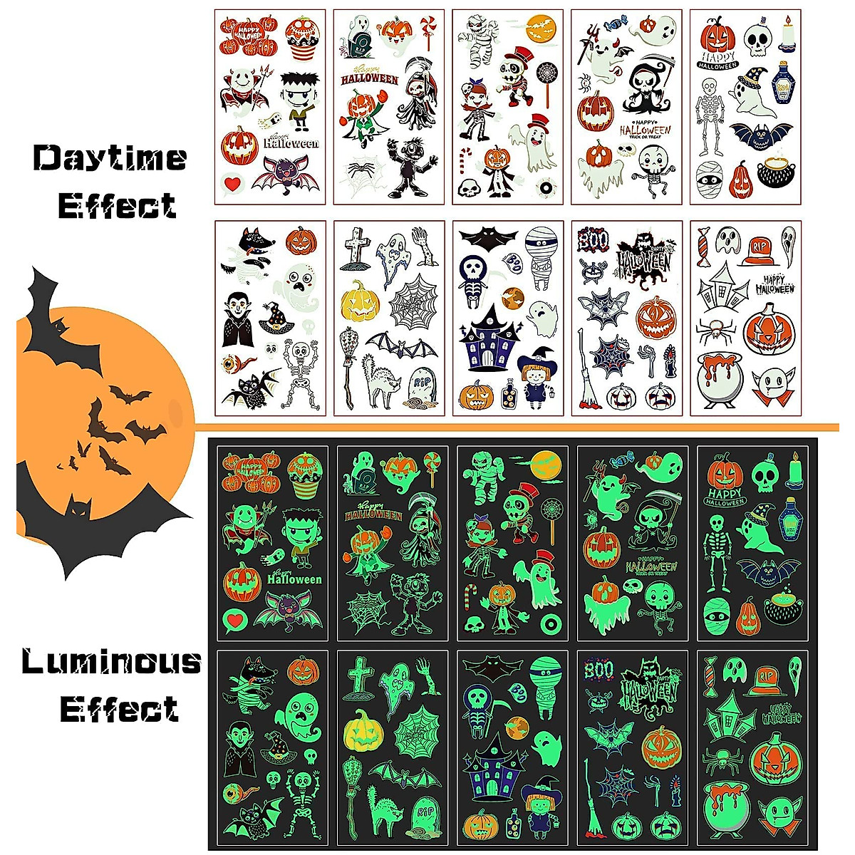Halloween Tattoos for Kids, 10 Sheets 98 Pcs Glow in the Dark Halloween Temporary Tattoos Stickers for Halloween Party Favors Skeleton Pumpkin Tattoos Kids Prizes Trick or Treat Goodie Bag Stuffers