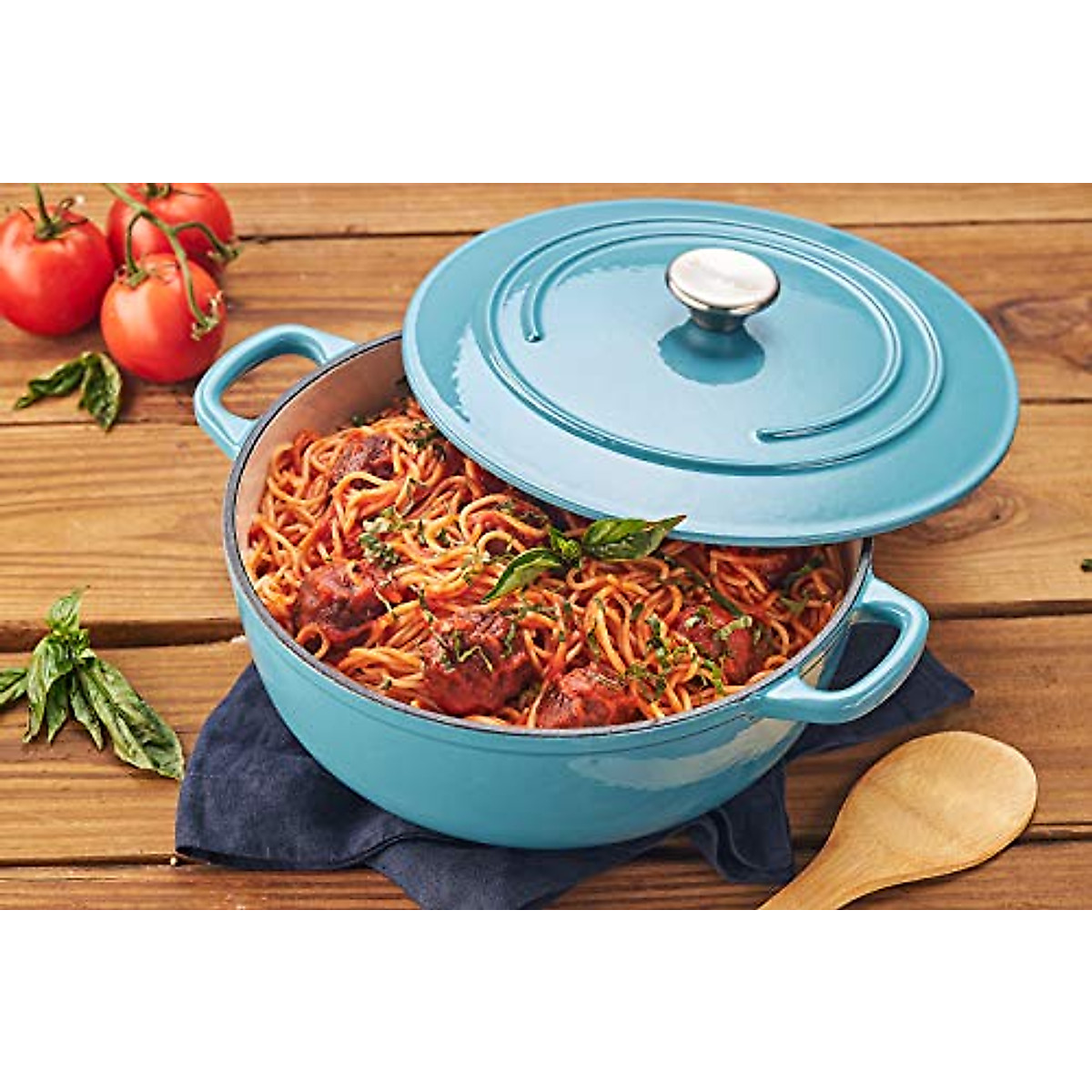 Mirro MIR-19063 4.8 Quart Cast Iron White Enamel Coated Interior Dutch Oven, Teal, Ready to Use