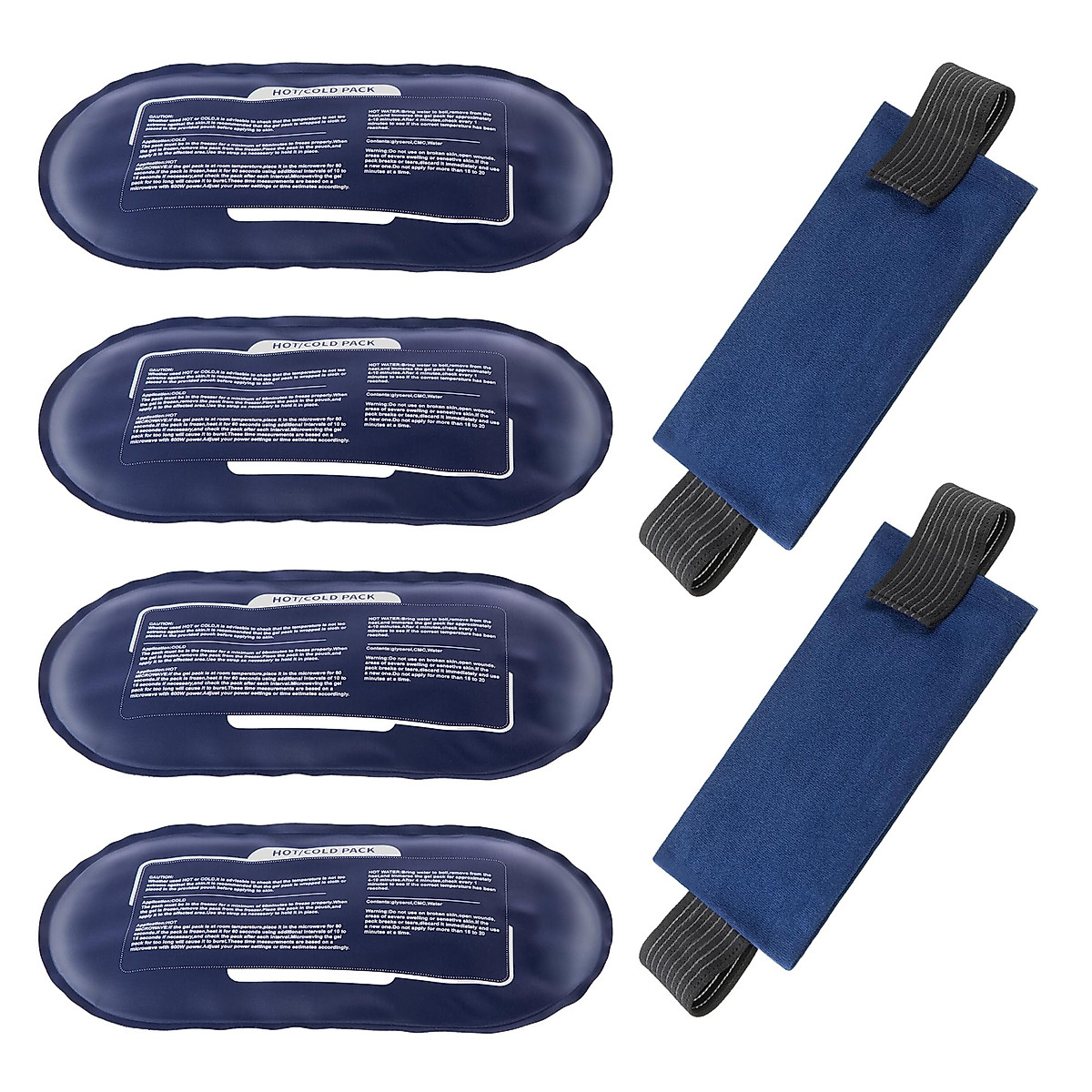 Ice Packs for Injuries Reusable, 4 Pack Hot and Cold Gel Packs and 2 Pack Adjustable Flexible Gel Wraps for Back Shoulders Arms Knees and Legs Injury Recovery, Alleviate Joint and Muscle Pain Relief