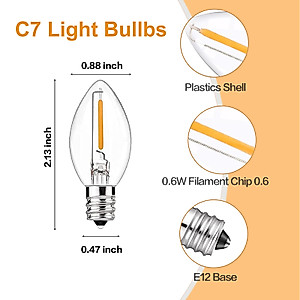 CHYSUPER 25 Pack C7 Replacement Bulbs, LED Night Light Bulb, C7 Christmas Light Bulbs Clear Halloween Replacement Bulbs for Outdoor String Lights, C7 LED Light Bulbs, E12 Candelabra Base, Warm White