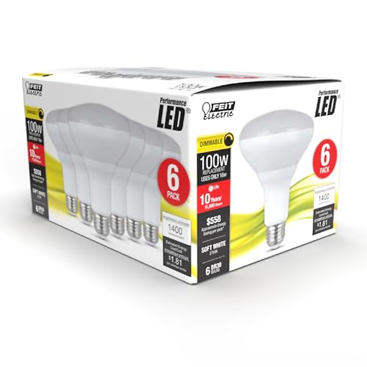 Feit Electric LED BR30 Light Bulbs, 65W Equivalent, Dimmable, 10 Year Life, 650 Lumens, 2700K Soft White, E26 Base Recessed Can Light Bulbs, Flood Light Bulbs, Damp Rated, 6 Pack, BR30/DM/10KLED/6