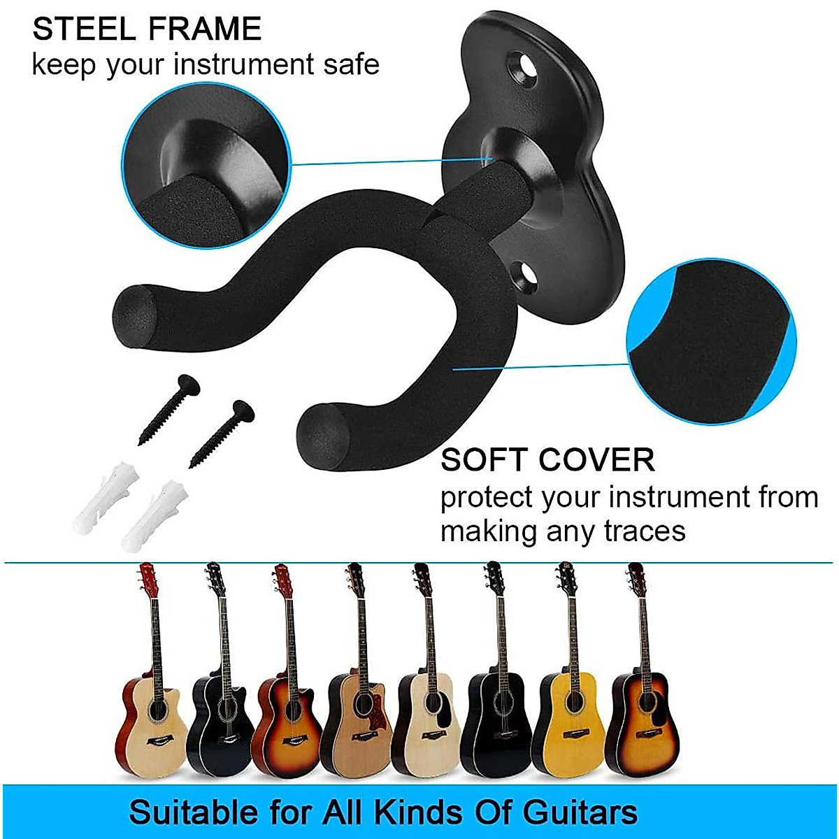 Peng Da Guitar Wall Mount Hanger Hook Acoustic Electric Bass Guitar Wall Hook Hanger Black Metal Holder Hanger for All Size Guitars