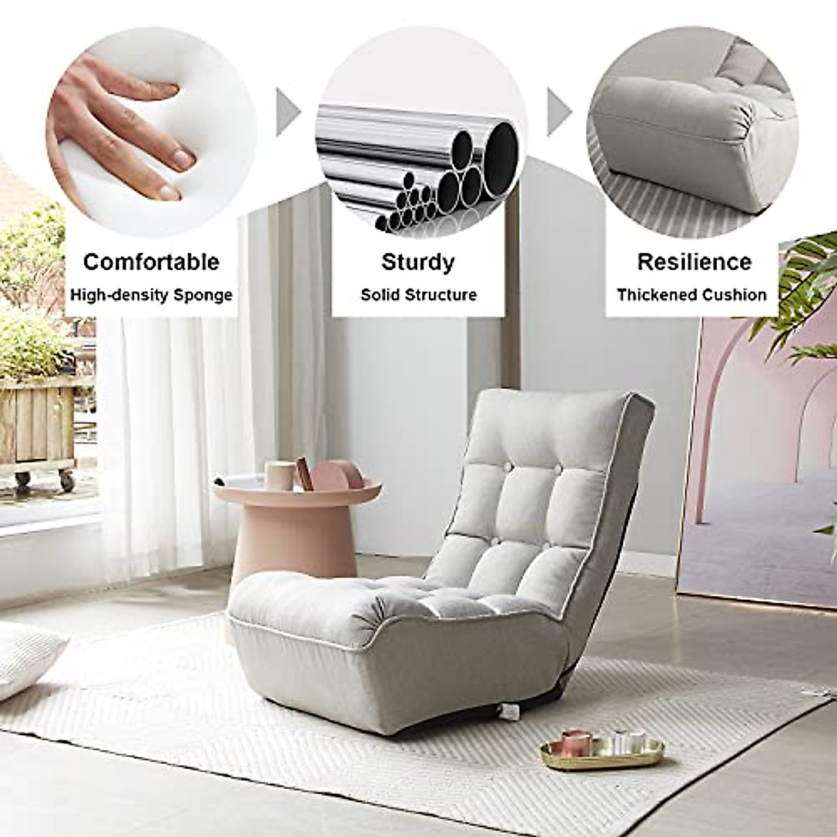 Indoor Chaise Lounge Chair, 3 Angles Adjustable Floor Chair, Folding Lazy Sofa Couch for Teens and Adults, Cushion Padded Comfy Chair for Living Room and Bedroom (Light Grey)