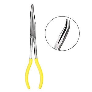 BQKKWIN 11 Inch Long Reach Long Nose Pliers | Designed for Mechanics, Technicians, and Contractors | Work with Delicate or Difficult-to-Reach Pieces | Milled-Jaws | Steel “45 Degree Bent Nose Plier